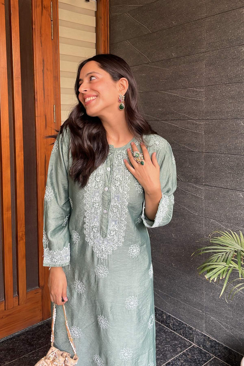 Buy Rukhsana Chanderi Chikankari Kurta Set (Green)- ShopHindya
