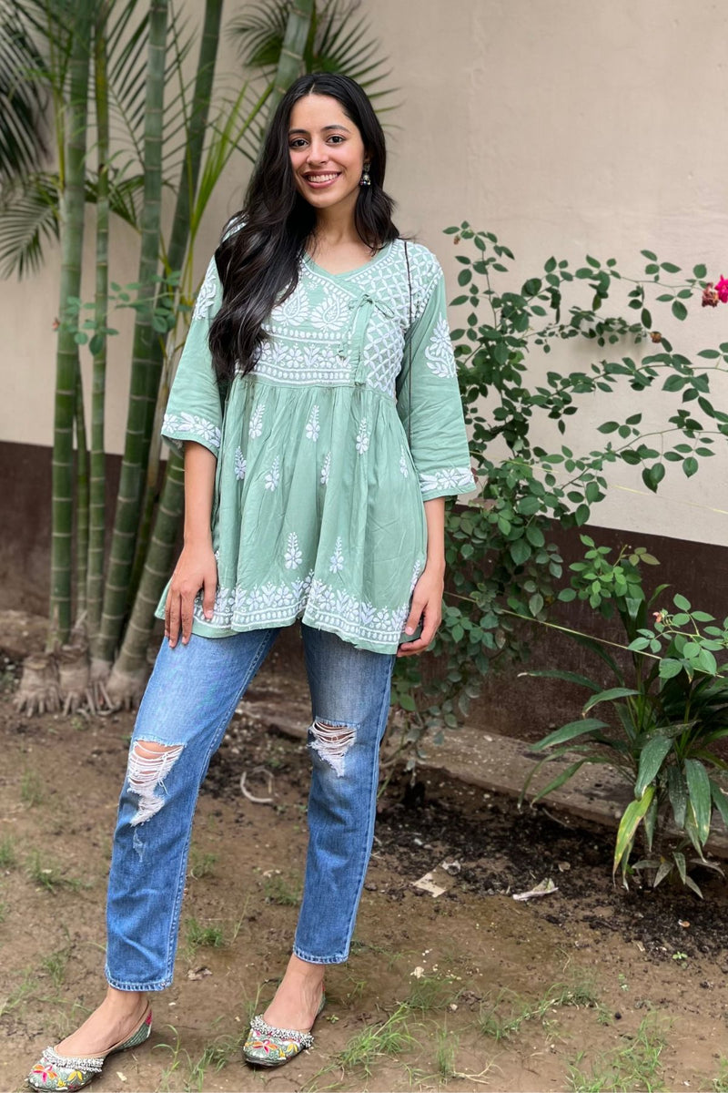 Zara Cotton Rayon Chikankari Short Kurta- Green– ShopHindya