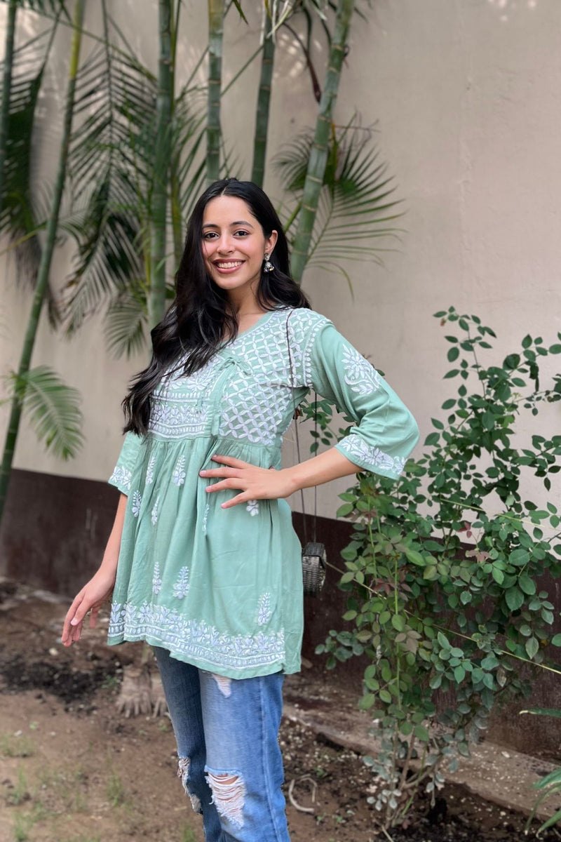Zara Cotton Rayon Chikankari Short Kurta- Green– ShopHindya